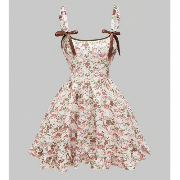 ROMWE | Dresses | Nwt Floral Bow Strap Ruffle Hem Mini Dress L | Poshmark